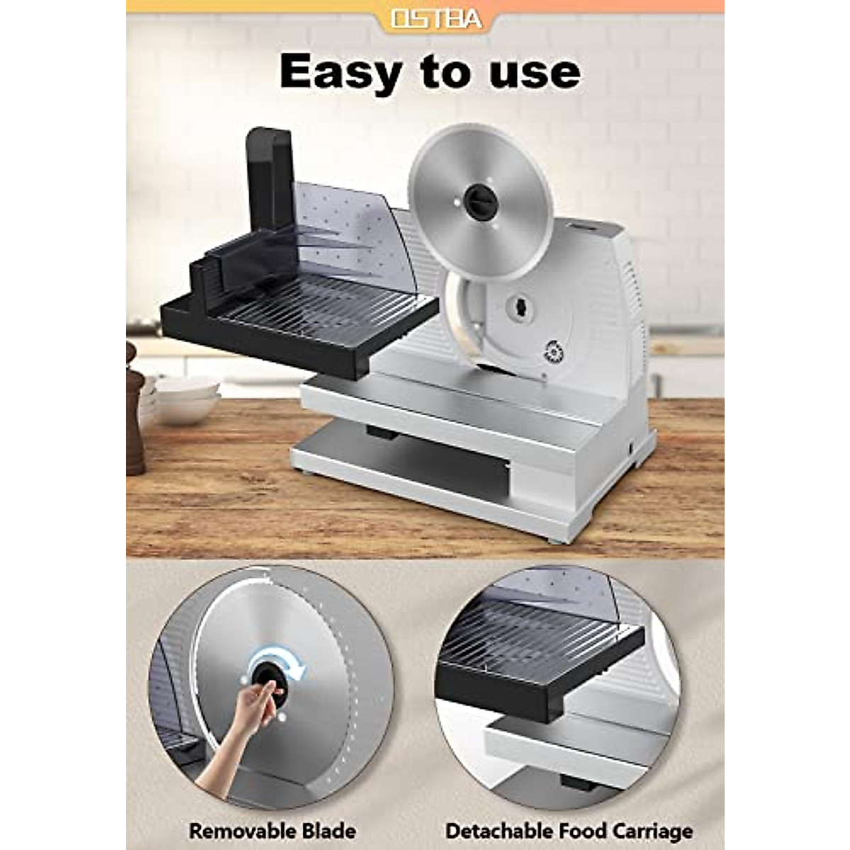 OSTBA Die-Cast Electric Deli Food Slicer with Two Removable Stainless Steel Blades,0-23mm Adjustable Thickness Meat Slicer for Home, Food Slicer Machine with Food Tray,160W