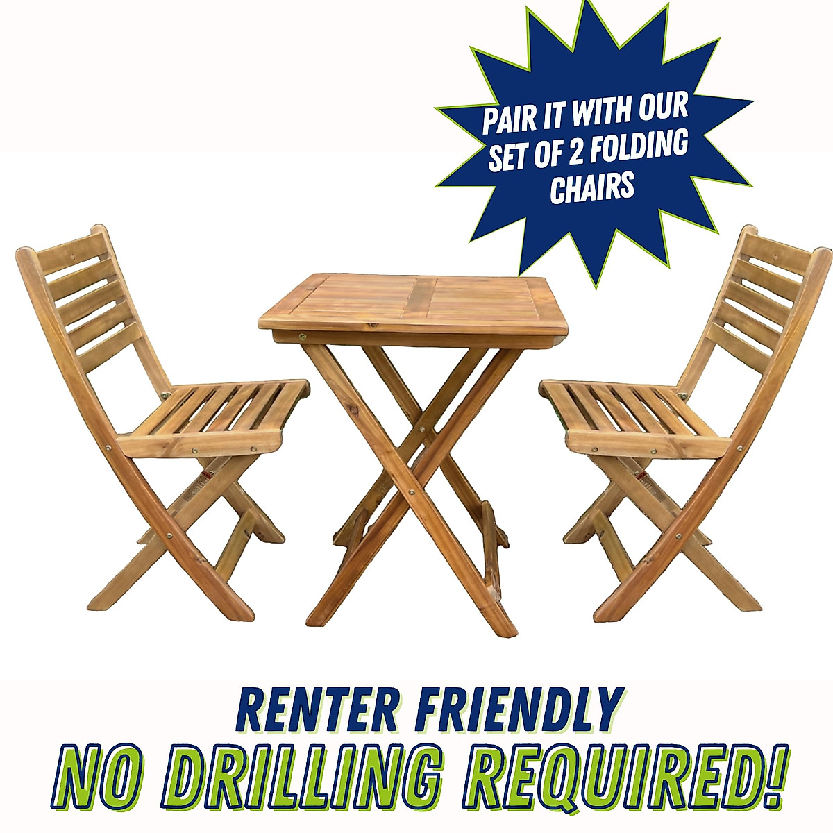 Patio Wise Folding Outdoor Patio Table, Foldable Acacia Wood Bistro Deck Bar, Small Portable Apartment Balcony & Porch Furniture, 23½ Inches Long x 23½ Inches Deep x 28¼ Inches High, Teak