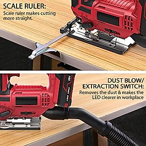 Jigsaw, 20V Cordless Jig Saws with LED, 10Pcs Blades, 4 Orbital Settings, Variable Speed, ±45° Bevel Cutting, Scale Ruler, Tool-free Blade Changing, Battery & Carrying Bag & Fast Charger Included（A）