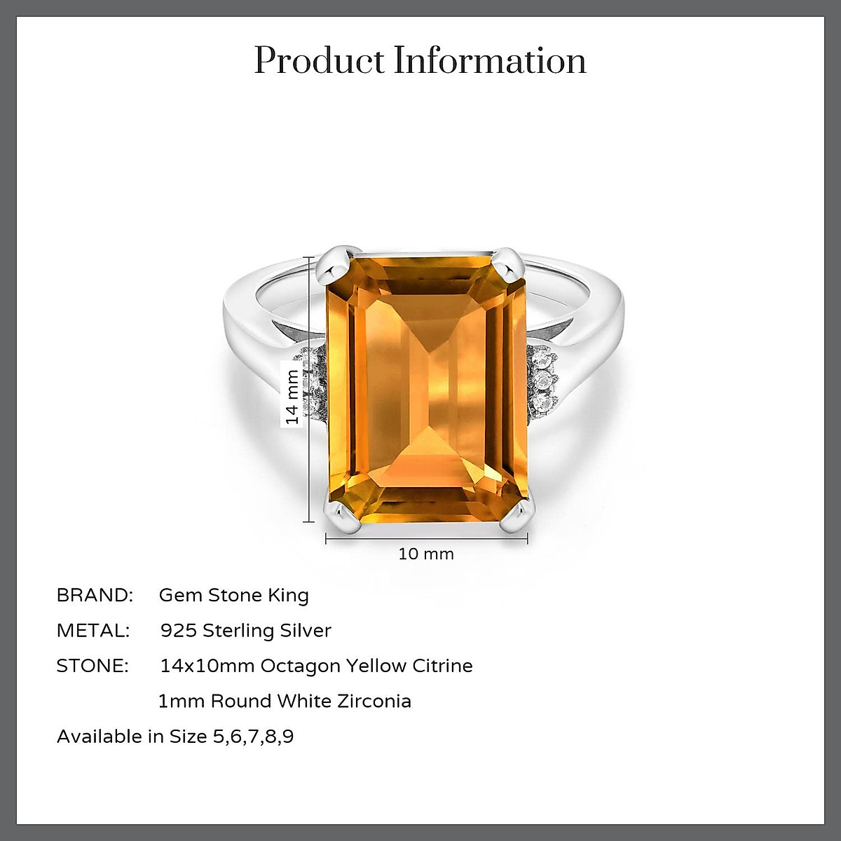 Gem Stone King 925 Sterling Silver Yellow Citrine Engagement Ring For Women (8.27 Cttw, Emerald Cut 14X10MM, Gemstone Birthstone, Available in size 5, 6, 7, 8, 9)