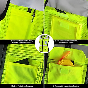 TCCFCCT Women Reflective Vest 11 Pockets High Visibility Mesh Safety Vest for Lady, Neon Construction Work Vest with Zipper, Snug-Fit, Durable with Reinforced Sewing, ANSI Compliant, Yellow S
