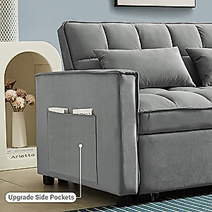 3 in 1 Convertible Sleeper Sofa Bed, Modern Velvet Loveseat Futon Couch w/Pullout Bed, Small Love Seat Lounge Sofa w/Reclining Backrest, Toss Pillows, Pockets, Furniture for Living Room, Grey