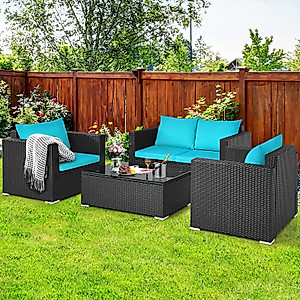 Tangkula 4 Piece Patio Rattan Conversation Furniture Set, Outdoor Wicker Sofa Set with Padded Cushion & Tempered Glass Coffee Table, Wicker Sectional Sofas and Table for Courtyard (1, Turquoise)