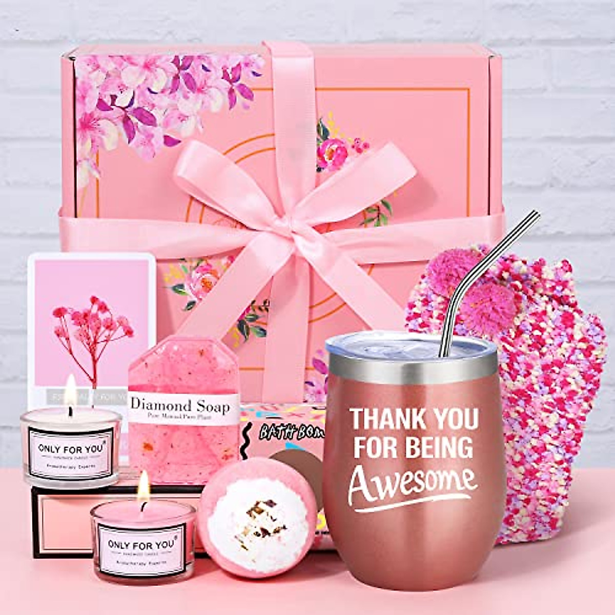 Thank You Baskets for Women, Appreciation Gifts Box, Gratitude Spa Care Package for Coworker Employee Boss Hostess Secretary Nurse Volunteer, 12oz Stainless Steel Wine Tumbler