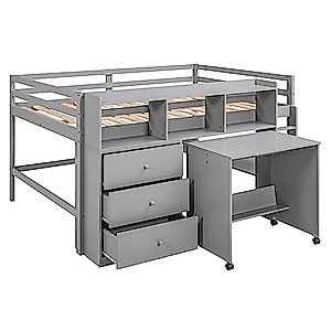 Wooden Full Size Bed Frame Full Size Low Loft Bed with Rolling Portable Desk, Drawers and Shelves, Gray