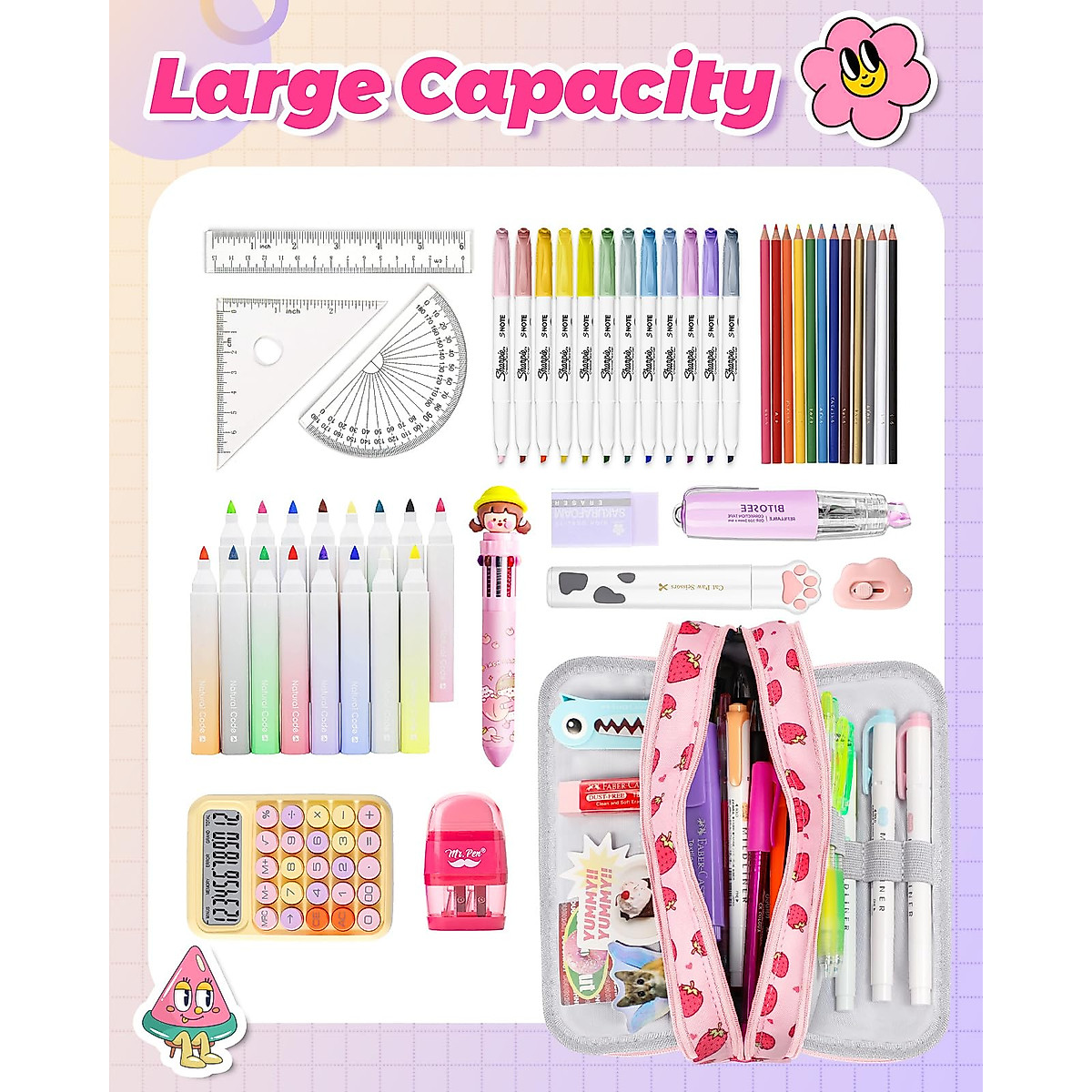Bistup Pencil Case Pouch Pen Bag for School Cute Kawaii Girls Girly Cartoon Strawberry Teen Girls Zipper Pencil Pouches Large Stationary Bags 3 compartments with Lanyard+ID Badge Holder+Pen+Sticker
