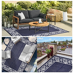 PureCozy Outdoor Plastic Straw Rug Navy Blue Waterproof Indoor Outdoor Patio Rug 5x8 Carpet Geometric Reversible Mat Modern Washable Large Outside Area Rug for Camping RV Porch Deck Balcony Beach