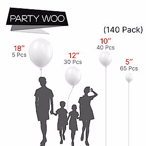 PartyWoo White Balloons 140 pcs Different Sizes Pack of 18 12 10 5 Inch Matte White Latex Balloon Arch Kit Garland for Wedding Bridal Graduation Baby Shower Birthday Party Decorations White-Y13