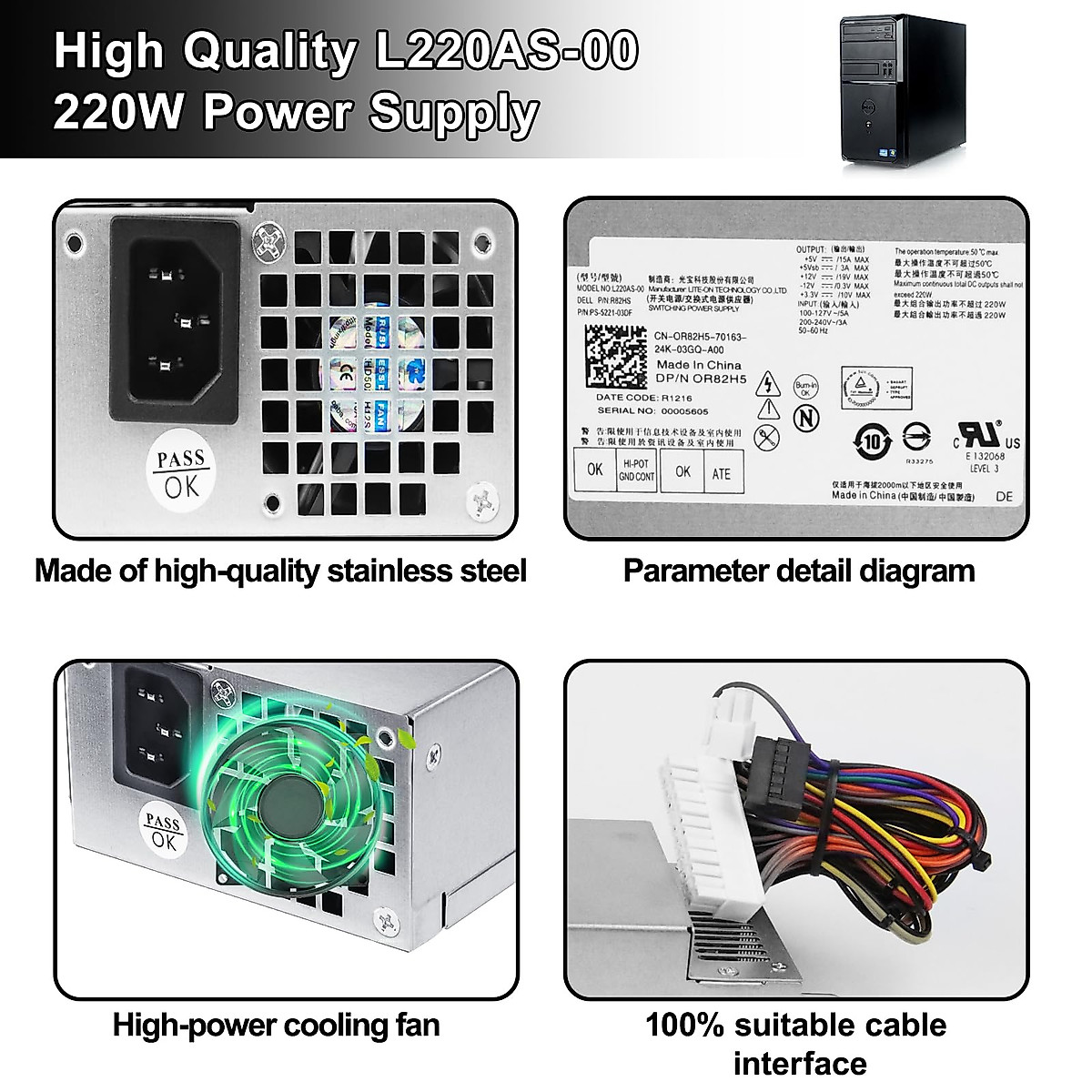LXun L220AS-00 220W Power Supply Compatible with Dell Inspiron 3647 660s Acer X1420 X3400 eMachines Gateway Series Delta DPS-220UB A Liteon PS-5221-03DF H220AS-00 L220NS-00 650WP P3JW1 R82HS D220ES-01
