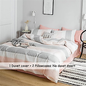 DREAMINGO Striped Bedding Set Modern Peach White Gray Color Duvet Cover 2 Pillow Cases Set Premium Cotton Queen Girls Duvet Cover Simple Home Chic Style Bed Set (No Filling)
