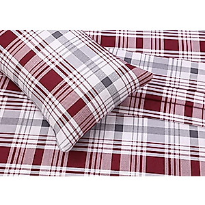 RUVANTI Flannel Sheets Full Size - 100% Cotton Brushed Bed Sheet Sets - Deep Pockets 16 Inches (fits up to 18") - All Seasons Breathable & Super Soft - Warm & Cozy - 4 Pcs - Balance Plaid Maroon