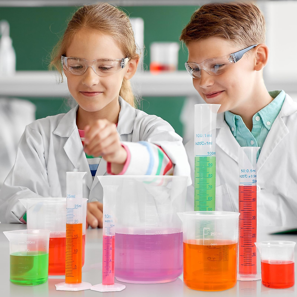 APLANET Plastic Graduated Cylinders and Beakers, 10ml, 25ml, 50ml, 100ml Cylinders with 50ml, 100ml, 250ml, 500ml, 1000ml Beakers and 1 Tube Brush, Ideal for Home and School Science Lab
