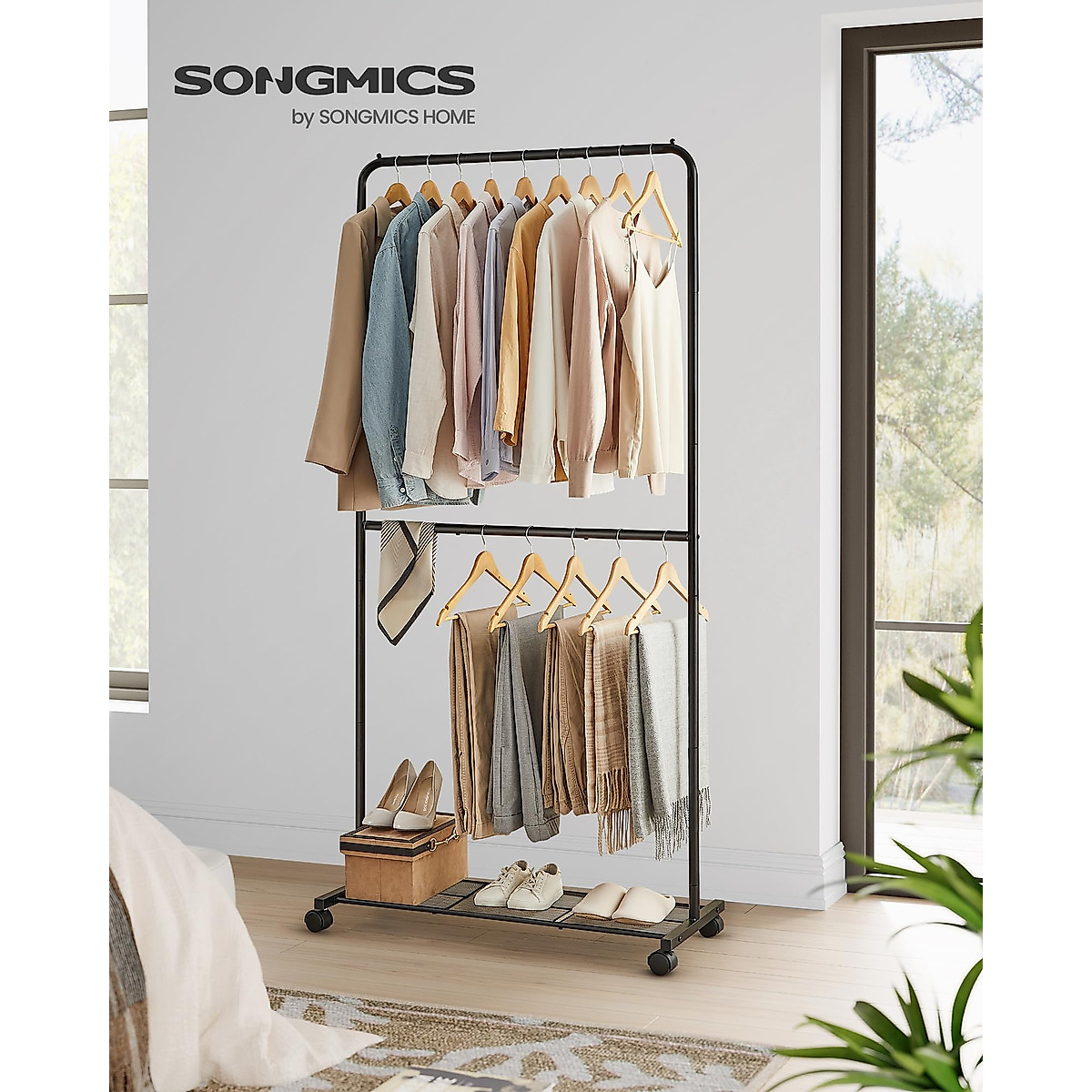 SONGMICS Clothes Rack with Wheels, 35.8 Inch Double-Rod Garment Rack, Clothing Rack for Hanging Clothes, with Dense Mesh Storage Shelf, 44 lb Load Capacity, 2 Brakes, Steel Frame, Black UHSR027B01