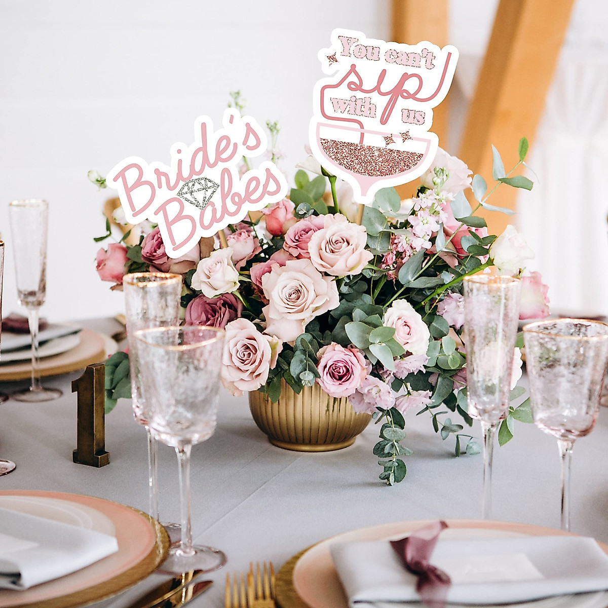 Fully Assembled Bachelorette Photo Booth Props - Set of 32 - Rose Gold, Pink, & Silver Signs, Wedding Bridal Shower Bachelorette Party Supplies & Decorations With Real Glitter - Did we mention no DIY?