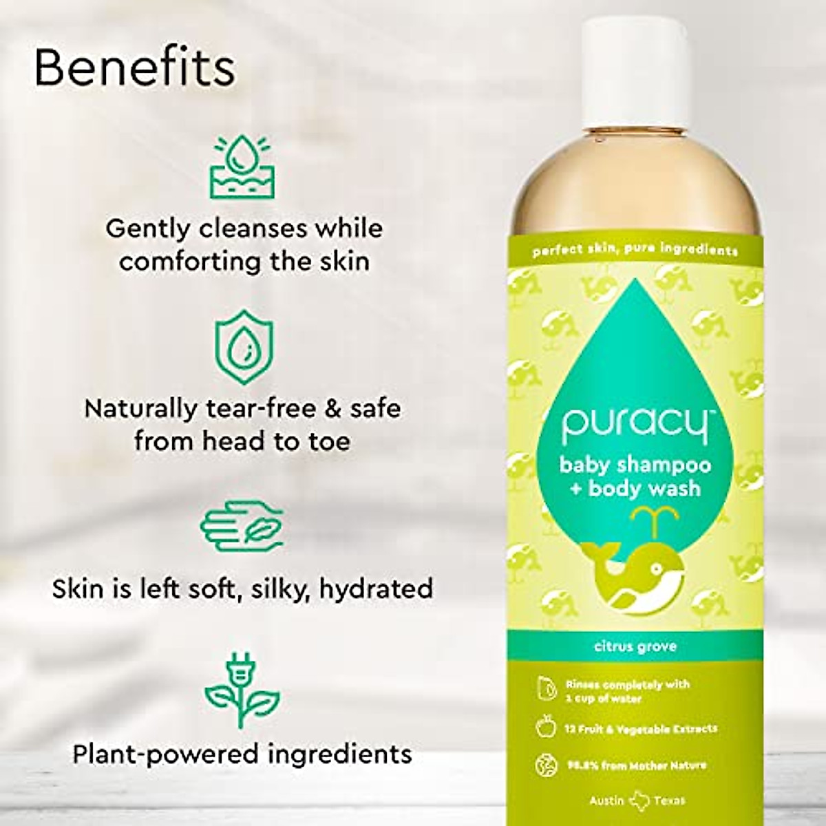 Puracy Shampoo & Body Wash for Children - Perfect Skin, Pure Ingredients - with 12 Fruit & Vegetable Extracts for Silky Smooth Skin, Gentle Citrus Grove Aromas, 98.8% from Mother Nature (12 Oz, 2-Pk)