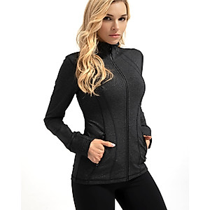 QUEENIEKE Women Athletic Jackets Cottony-Soft Full Zip Slim Fit Workout Running Jacket with Pockets(XL,Black Blend)