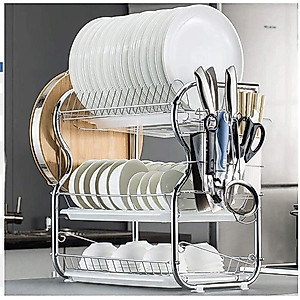 Plate Rack Draining Dish Rack 3-Tier Stainless With Drainboard and Cutlery Cup, Kitchen Supplies Drying Frame Dish Pan Plate Holder