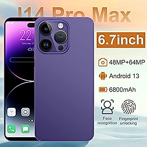 Yoidesu I14pro Cell Phone, 6.1in 1440X3040 HD Face Recognition Smartphone, 4GB RAM + 64GB ROM, Dual SIM, 8MP Front + 16MP Rear Camera, 7000mAh Battery WiFi Mobile Phone Purple
