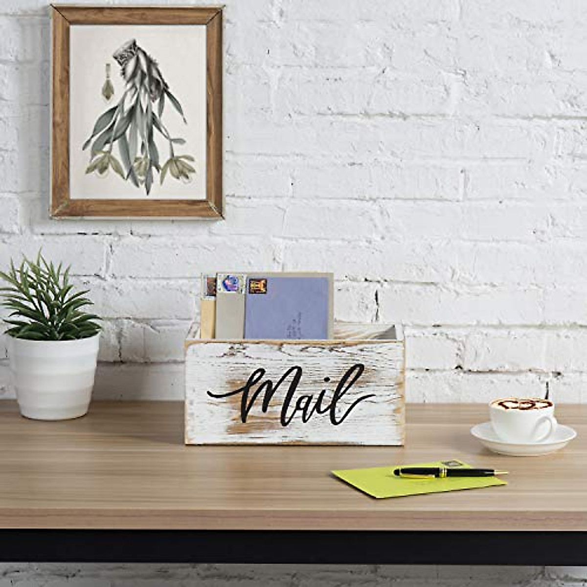 MyGift Whitewashed Wood Desktop Mail Holder Organizer Storage Box, Office Desk Organizer Bin with MAIL Script Design