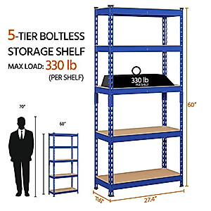 Topeakmart 2 PCS 5-Tier Utility Shelves, Metal Storage Shelves Garage Shelving Unit Adjustable Garage Storage Shelves Storage Racks Heavy Duty Shed Shelving-Blue, 27.5 x 12 x 60 Inch