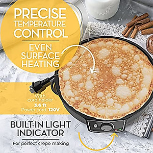 Crepe Maker Machine (Easy to Use), Pancake Griddle – Nonstick 12” Electric Griddle – Pancake Maker, Batter Spreader, Wooden Spatula – Crepe Pan for Roti, Tortilla, Blintzes – Portable, Compact