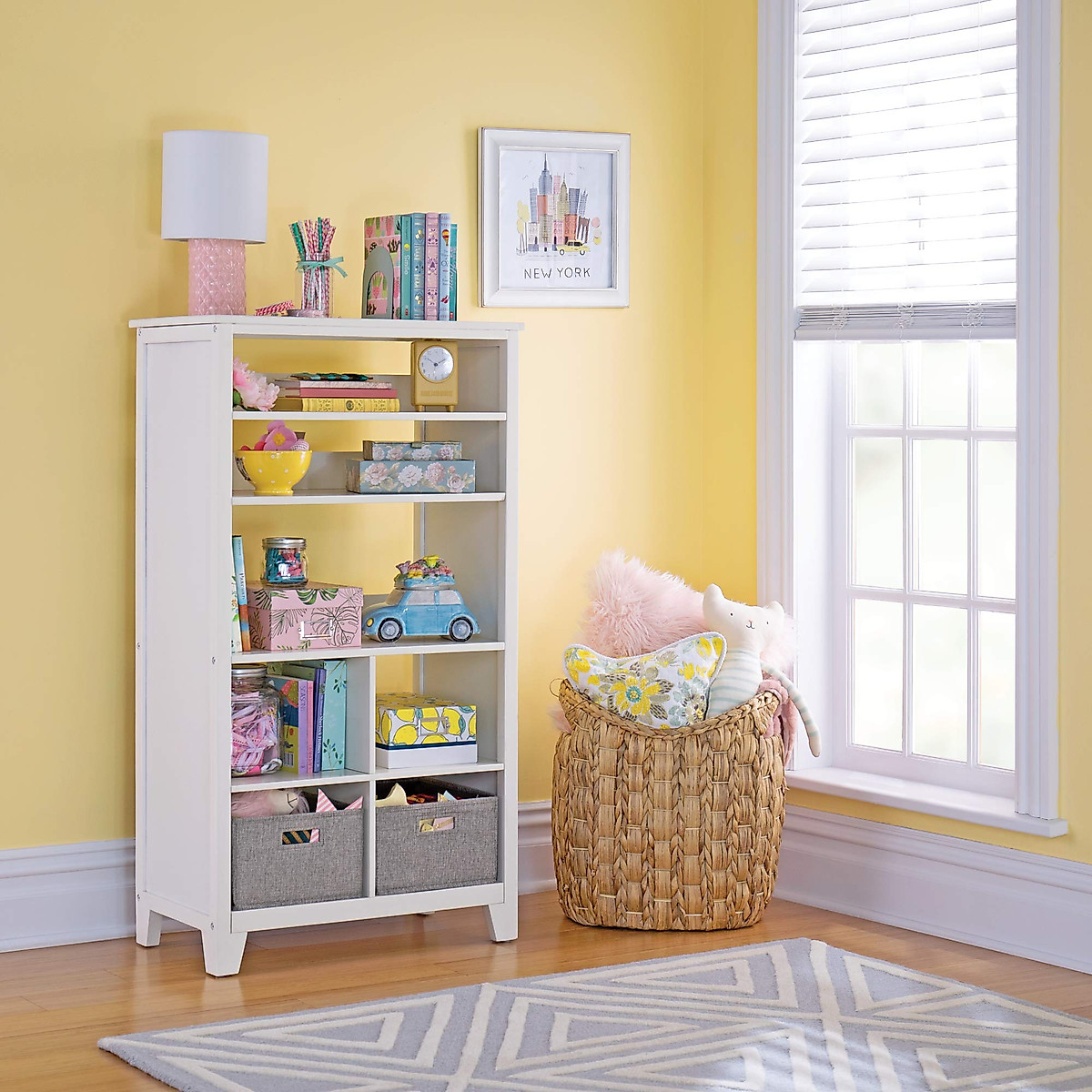 Martha Stewart Kids' Tall Bookcase - Creamy White: 48 Inch Wooden Storage Organizer Cubby with Fabric Bins for Playroom and Bedroom