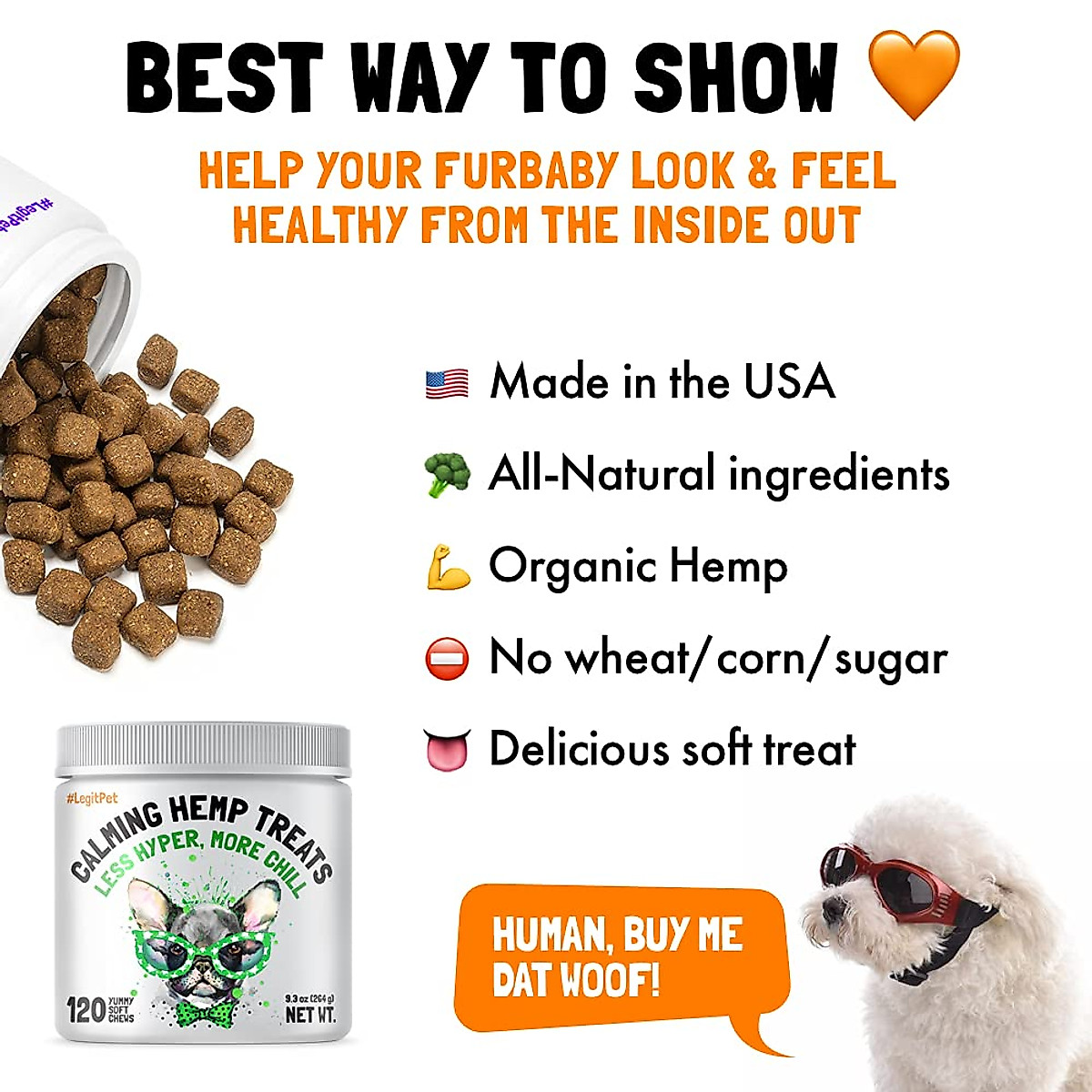 Calming Hemp Treats for Dogs Made in USA with Organic Hemp Natural Separation Aid Helps with Barking, Chewing, Thunder, Fireworks, Aggressive Behavior Soothing Stress Relief Natural Relaxation