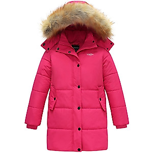 wantdo Girl's Winter Coats Long Puffer Coats Warm Fleece Jacket With Hood Rose Red 10-12