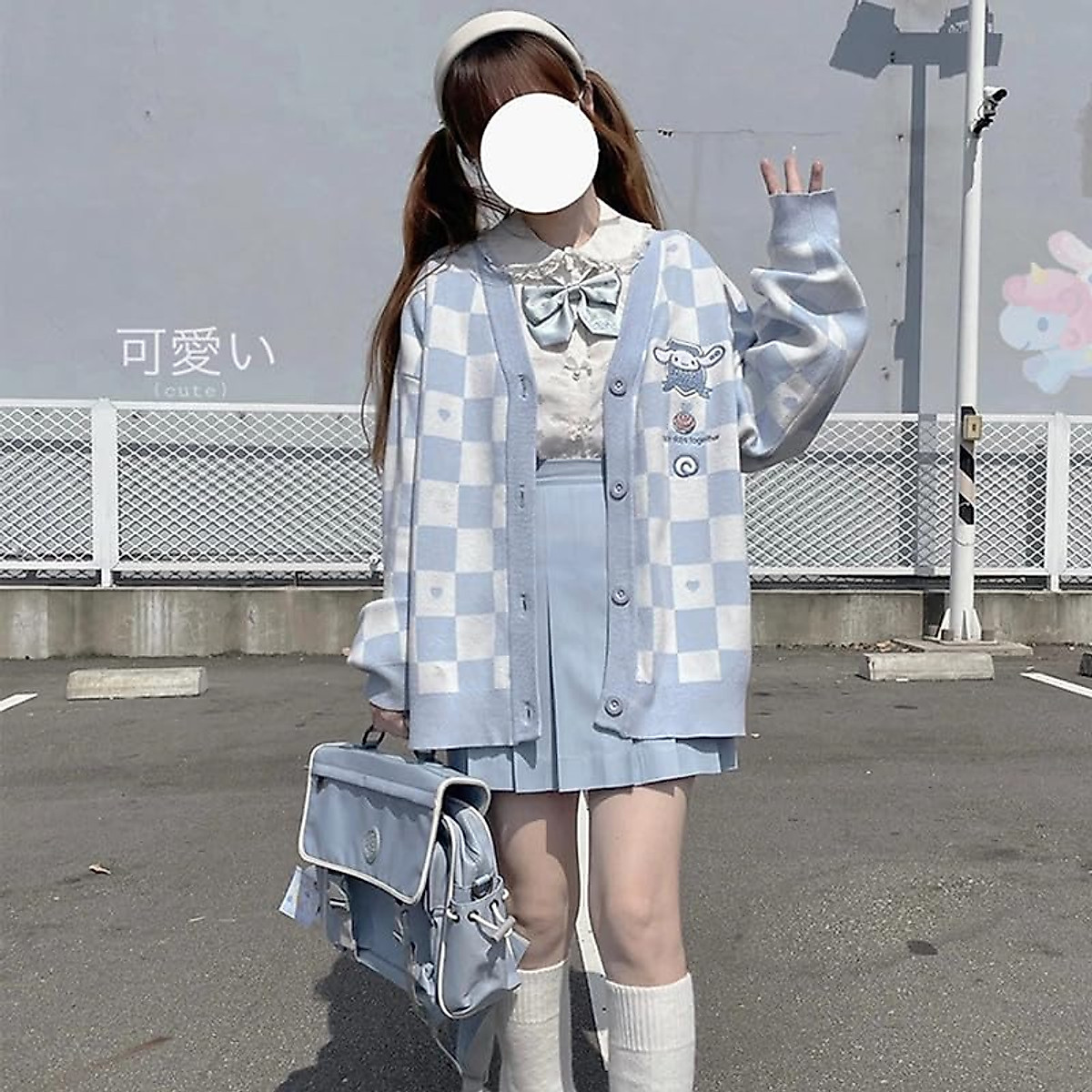 Kawaii Sweater Anime Blue Plaid Cardigan Sweaters for Women Cosplay Costume V Neck Long Sleeve Women's Button Knitted Outerwear JK Uniform M