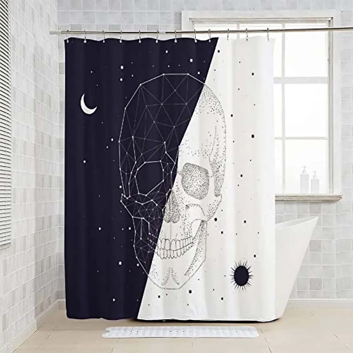 Sugar Skull Shower Curtain, Graveyard Mexico Design on Black White Backdrop Print, Cloth Fabric Bathroom Decor Set with Hooks 66x72Inch(168x183cm)