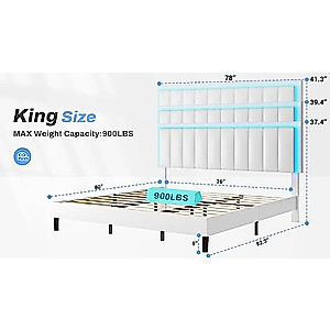 DICTAC King Bed Frame with Led Lights and USB Ports Modern Upholstered Platform Bed Frame with Headboard King Size Faux Leather Led Bed Frame,Wooden Slats, No Box Spring Needed, Easy Assembly, White