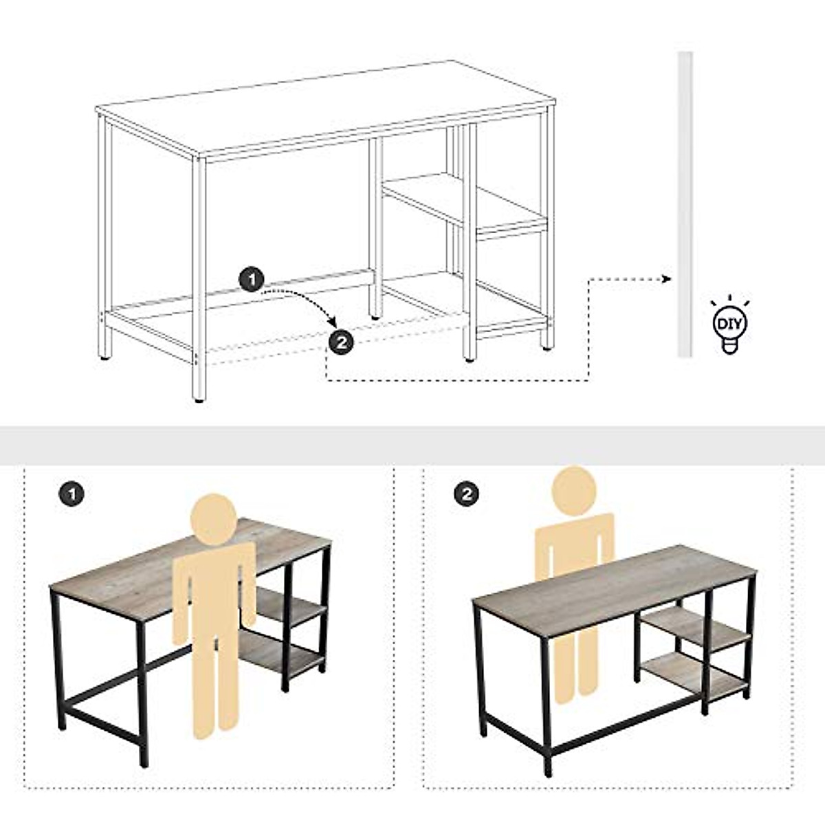 VASAGLE Computer Desk, 55.1-Inch Wide Home Office Desk for Study, Writing Desk with 2 Shelves on Left or Right, Steel Frame, Industrial, Greige and Black ULWD55MB