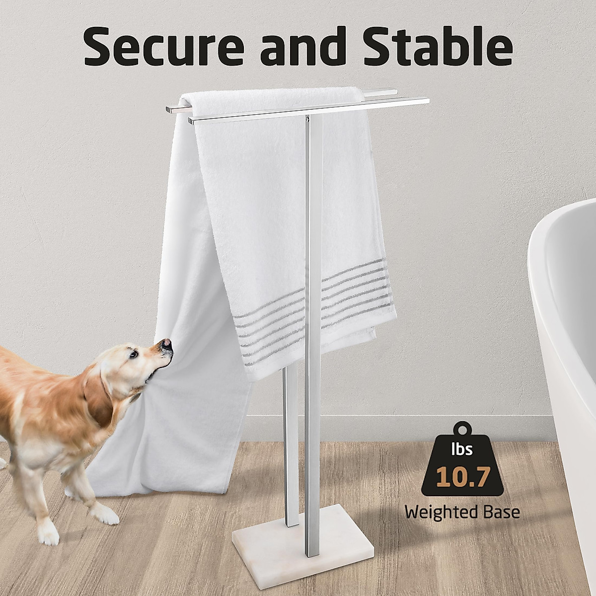 KES Standing Towel Rack for Bathroom, Free Standing Towel Rack Bathroom Floor with Weighted Marble Base 2-Tier, Extra High Thick Double Bath Towel Holder 18/8 Stainless Steel Brushed Finish, BTH232-2