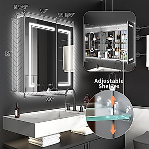 ExBrite 30 x 32 Lighted Medicine Cabinet with Mirror, Front&Backlit led Medicine Cabinet,Clock Temp Display,Defog,10x Magnifier,3 Colors Temper Dimmable,Surface or Recessed Mount,Door Wide Open