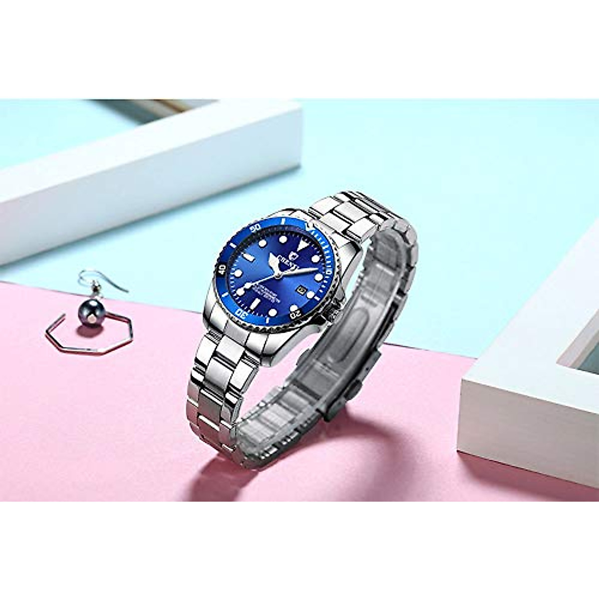 MASTOP Couple Watches Classic Golden Stainless Steel Watch His and Hers Waterproof Quartz Watch (Silver Blue)
