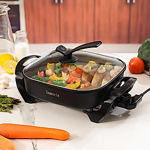 Samoris Non-stick Electric Skillet with Glass Vented Lid, 17inch x 12inch(5 Quart) Frying Pan,Adjustable Temperature, Cool Touch Handles, Quick Even Heating,Scratch Resistant,1500W, Black