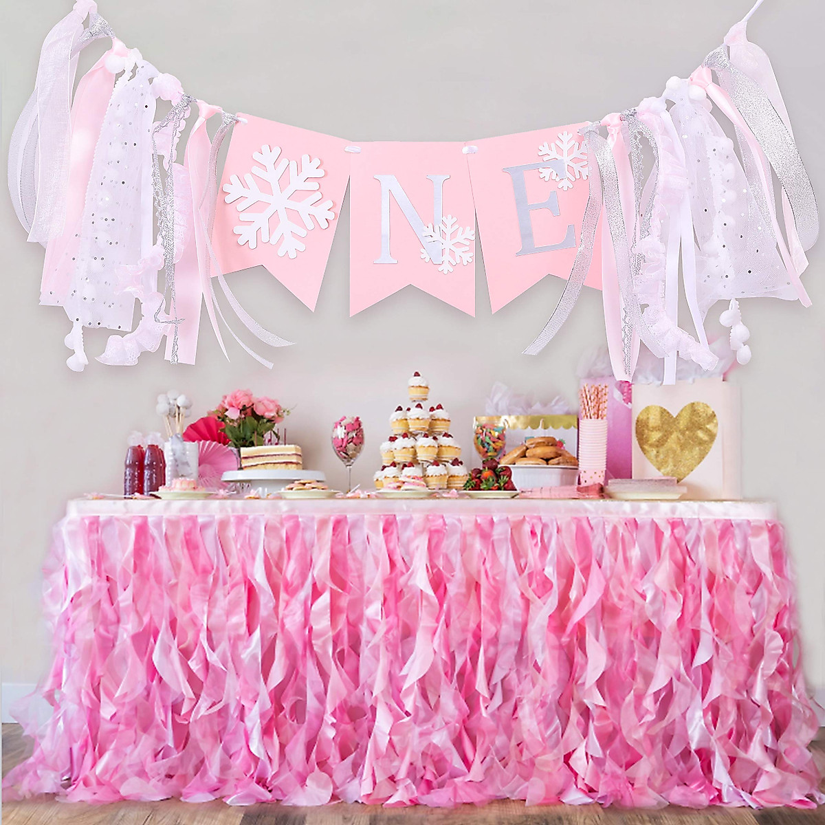 Winter Alderland Snow High Chair Tutu - 1st Birthday high Chair Banner, Smash Cake Photo Props, Winter Wonderland Snowflake Design ONE, 1st Birthday Photo Background. (Snowflake2)