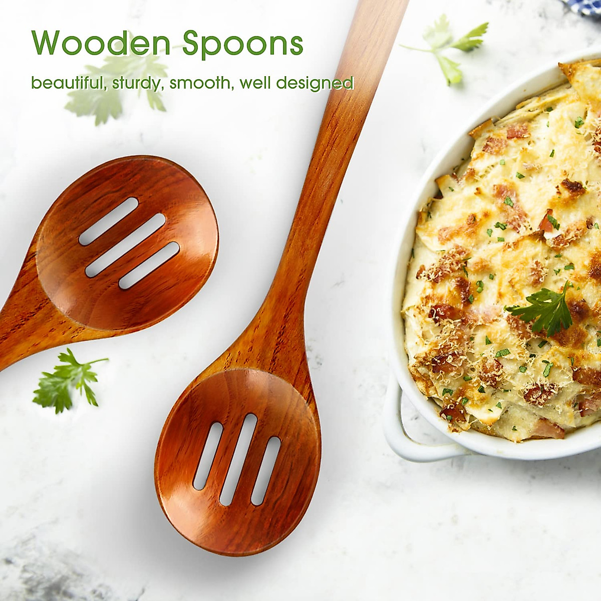 LorisArm 2PC Slotted Cooking Spoon Set, 12" Solid Wood Serving Spoons for Mixing Stirring, Nonstick Kitchen Utensils.