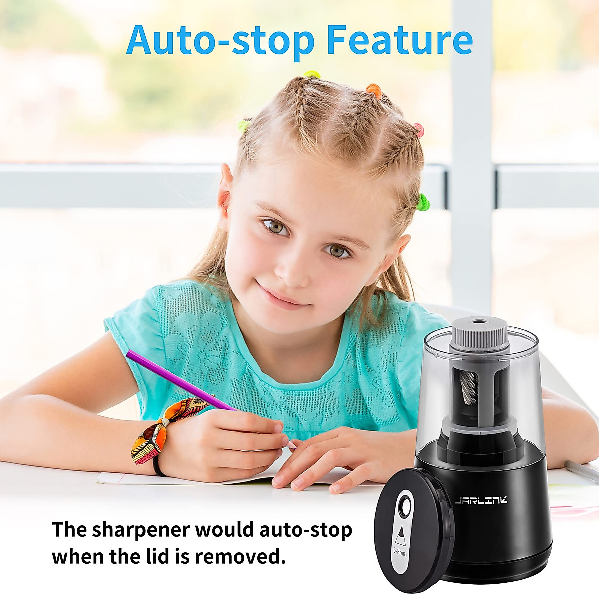 JARLINK Electric Pencil Sharpener, Classroom Pencil Sharpeners, Auto Stop for 6-8mm No.2/Colored Pencils, Electric Pencil Sharpener Plug in/USB/Battery Operated in School/Office/Home (Black)