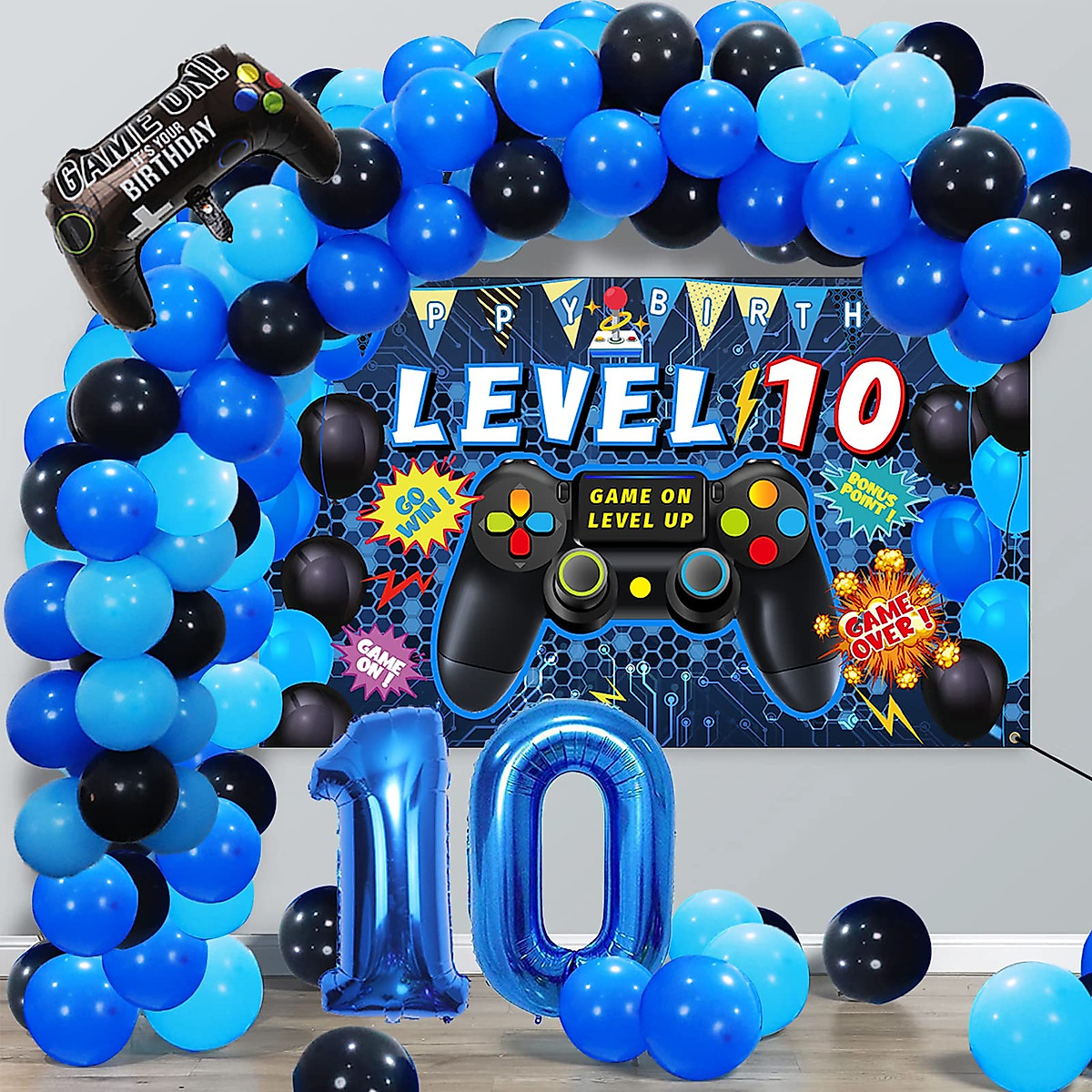 Vlipoeasn 90PCS 10th Birthday Video Game Party Decorations for Boys Set Blue 10th Birthday Supplies -10th Video Game Backdrop, Balloons, Tablecloth, Gamer and 10 Foil Balloons for 10th Birthday Party