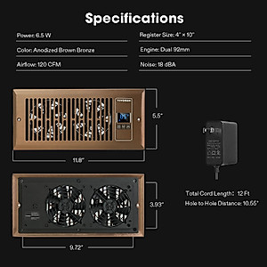 VIVOSUN Quiet Register Booster Fan 4”×10”, Smart Register Vent with Intelligent Thermostat Control, Cooling Heating AC Vent Booster Fan, Brown