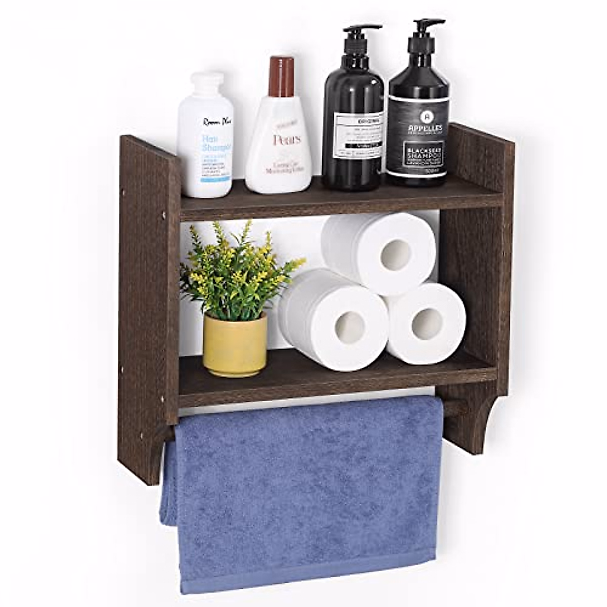 OYEAL Bathroom Shelf Wall Mounted Farmhouse Towel Rack with Towel Bar 2 Tier Bathroom Organizer for Kitchen Bathroom Living Room, Rustic Brown