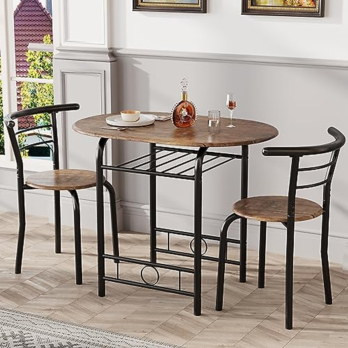 JUMMICO 3-Piece Wooden Round Table & Chair Set, Space Saving Kitchen Breakfast Nook Wood Grain Tabletop with Metal Frame and Built-in Wine Rack for Kitchen, Dining Room (Brown/Black)