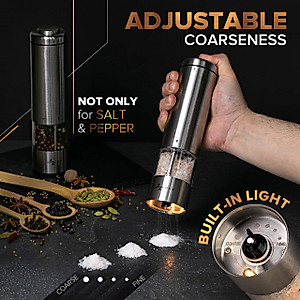 Electric Salt and Pepper Grinder Set | Stainless Steel Battery Operated Mill with Light | Pack with Oil Sprayer, Silicone Funnel, Cleaning Brush, and eBook | Adjustable Coarseness | Ceramic Grinders