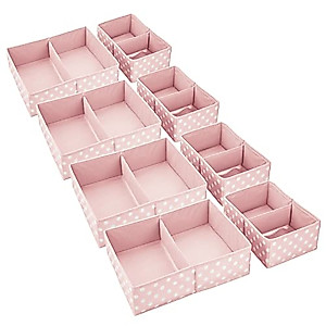 mDesign Fabric Drawer Organizer Bins, Kids/Baby Nursery Dresser, Closet, Shelf, Playroom Organization, Hold Clothes, Toys, Diapers, Bibs, Blankets, Set of 2, 4 Pack, Pink/White Polka Dot
