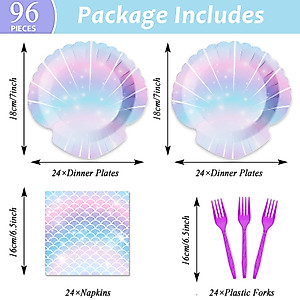 ZOIIWA 96 Pieces Mermaids Themed Party Decorations Mini Under the Sea Party Tableware for Girls Clam Shell Party Dessert Plates Napkins Forks for 24 Guests Birthday Party Favors