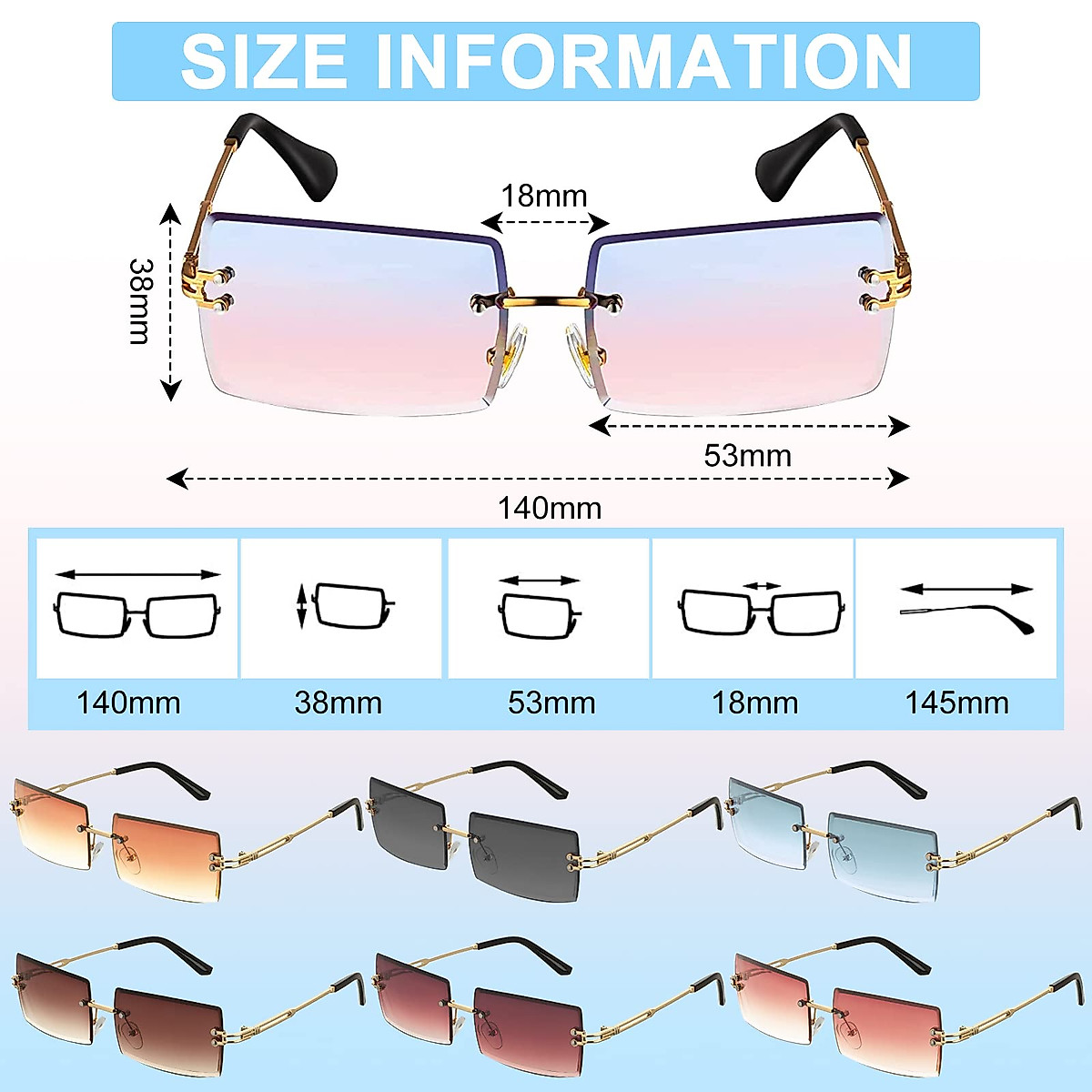 Konohan 8 Sets Rimless Rectangle Sunglasses Vintage Transparent Rectangle Glasses Eyewear Frameless Square Glasses(Classic Color)