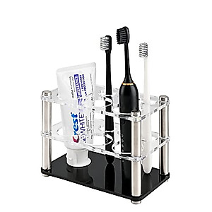 FAIBAEELLY Toothbrush Holders for Bathrooms, Premium Acrylic Stainless Steel Toothbrush and Toothpaste Holder, Open Design Multifunctional Bathroom Counter Organizer, Clear/Black/Silver