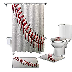 4 Pieces Bathroom Shower Curtain with Mats Set Sports Baseball Texture Closeup Background,Non-slip Bath Rugs Toilet Lid Cover U-shaped Carpet,Red and White Lines Laces Doormats Waterproof Curtains