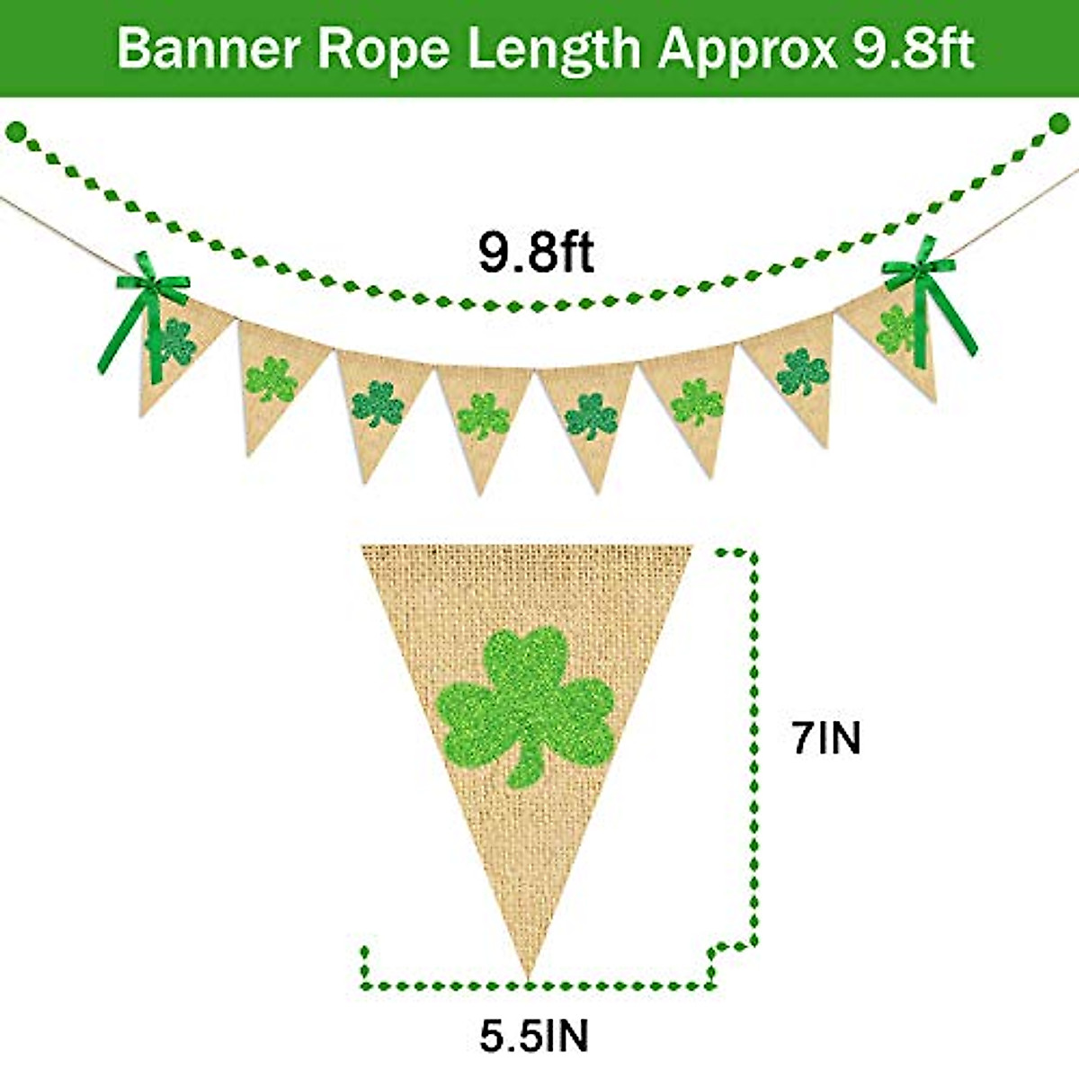 Glitter Shamrock Garland Banner Burlap | Rustic St. Patrick's Day Shamrock Garland | St. Patrick's Day Decorations | Shamrock Clover Garland Banner | Irish Lucky Day Home Outdoor Hanging Decor